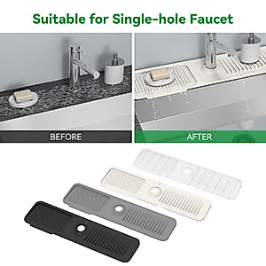 Kitchen Sink Splash Guard Behind Faucet 24 x 5.5 Inch, Toovem Faucet Handle Drip Catcher Tray, Longer Silicone Sink Faucet Mat, Dish Soap Sponge Holder for Bathroom, Farmhouse, Bar, Rv,Beige White