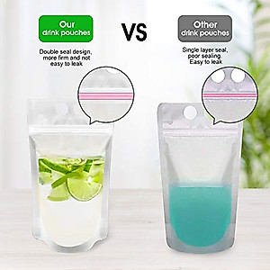 200Pcs Reusable Drink Pouches Clear Drink Bags with Disposable Plastic Straws Smoothie Bags Juice Bags Reclosable Double Zipper Handheld Translucent Stand-up Frozen Drink Pouches for Adults