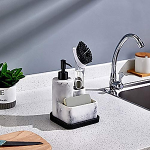 ZCCZ White Soap Dispenser with Sponge Holder, Kitchen Soap Dispenser Pump, Sponge Caddy and Brush Holder 3 in 1 Set Organizer for Sink Countertop, Removable Tray, Marble Look