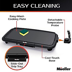 Mueller HealthyBites Eco Nonstick 20 Inch Electric Griddle Teflon-free, 10 Eggs at Once, Cool-Touch Handles and Slide-Out Drip Tray, for Breakfast Pancakes, Burgers, Eggs, Black