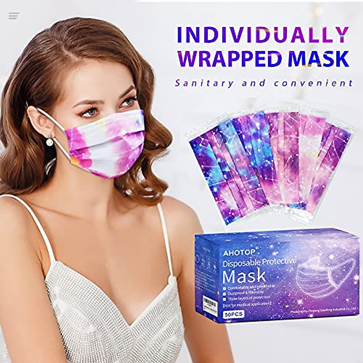 AHOTOP Disposable Face Masks for Women, Disposable Face Masks With Designs, Individually Wrapped Breathable Colorful Fashion Cute Mask with Nose Wire Elastic Ear Loop for Adults Teen Girls Working Out, 3 Ply 50PCS