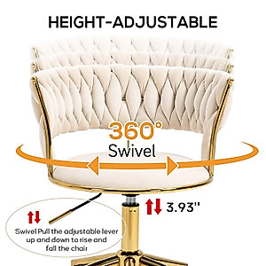 NIOIIKIT Velvet Office Desk Chair with Hand Woven Backrest, 360° Swivel & Height Adjustable Task Chairs, Makeup Chair, Living Room Chairs with Stainless Base and 5 Wheels (Ivory)