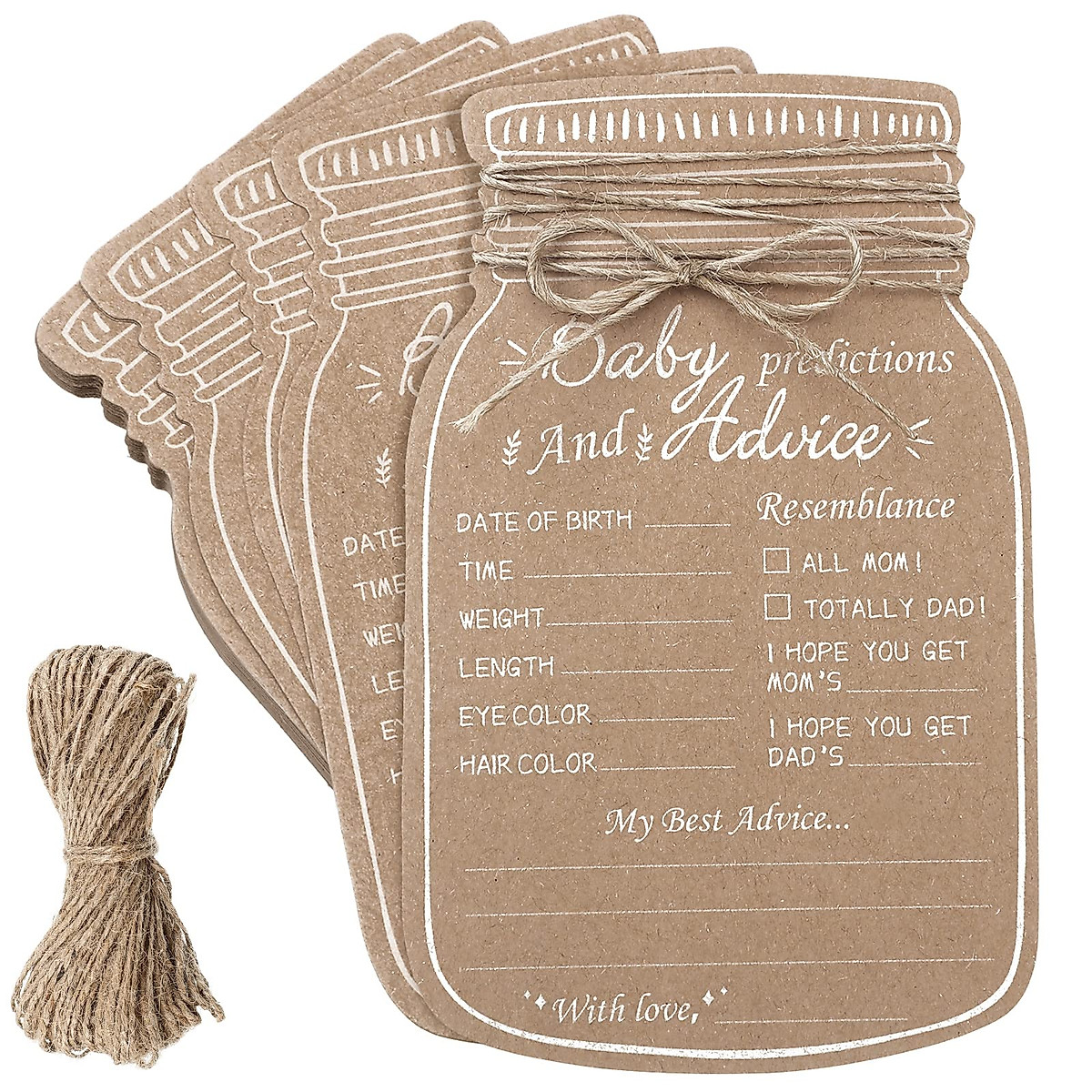 Lincia 50 Pcs Baby Shower Prediction and Advice Cards Mason Jar Advice and Prediction Cards Baby Shower Cards for Baby Shower Gender Reveal Party Supplies Mom Dad Party Decorations(Brown)