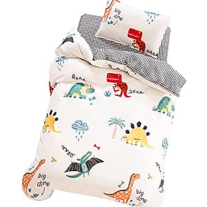 J-pinno Dinosaur Plaid Boys Girls Cartoon Duvet Cover + Pillowcase Set, Zipper Closure, 100% Cotton, for Kids Crib Toddler Bedding Decoration Gift (Dinosaur 2, Crib 47" X 59")