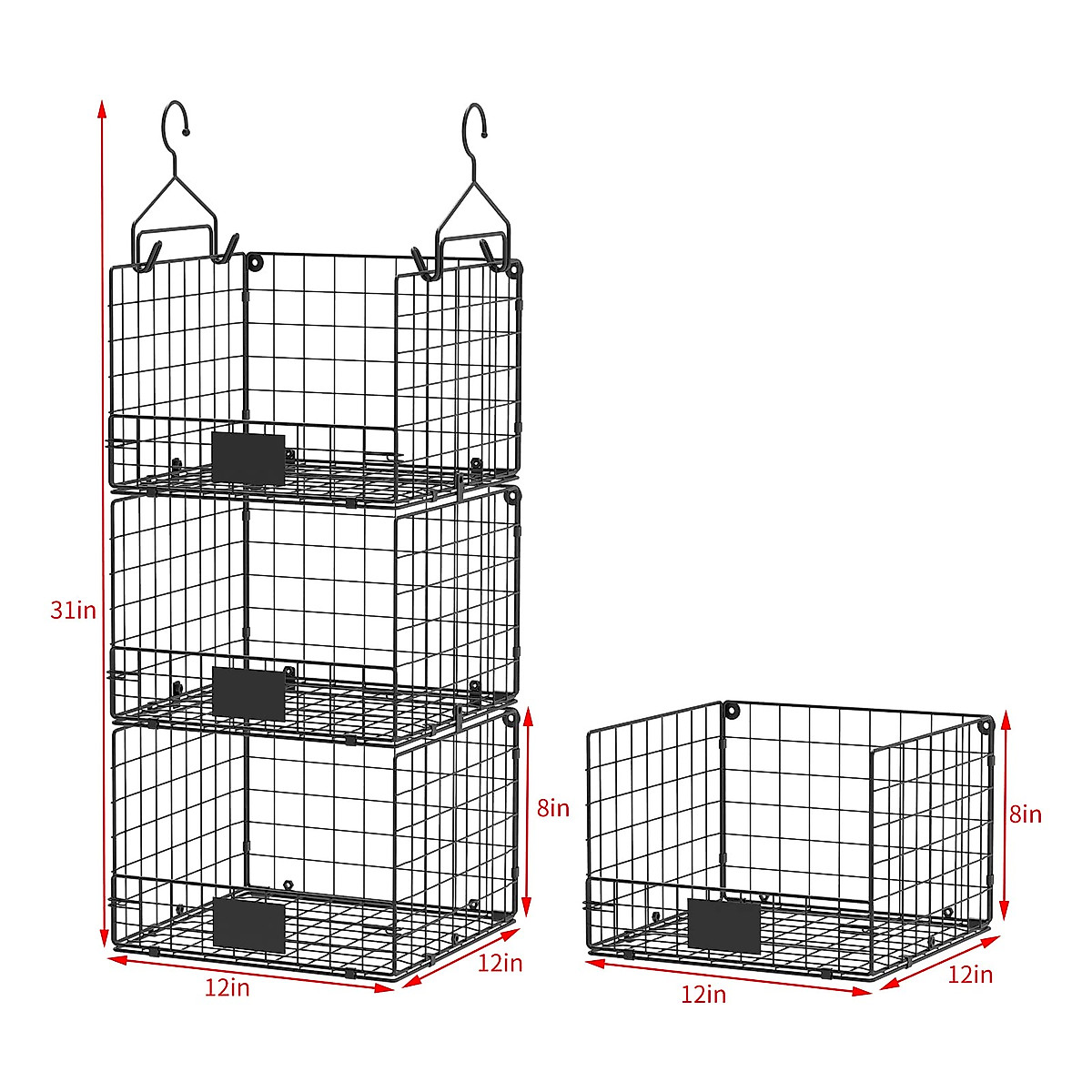 Sonyabecca 3-Tier Hanging Closet Organizer with Name Plate, Clothes Hanging Shelves 5 S Hooks, Wall Mount & Cabinet Foldable Wire Storage Basket, for Clothing Sweaters Handbags