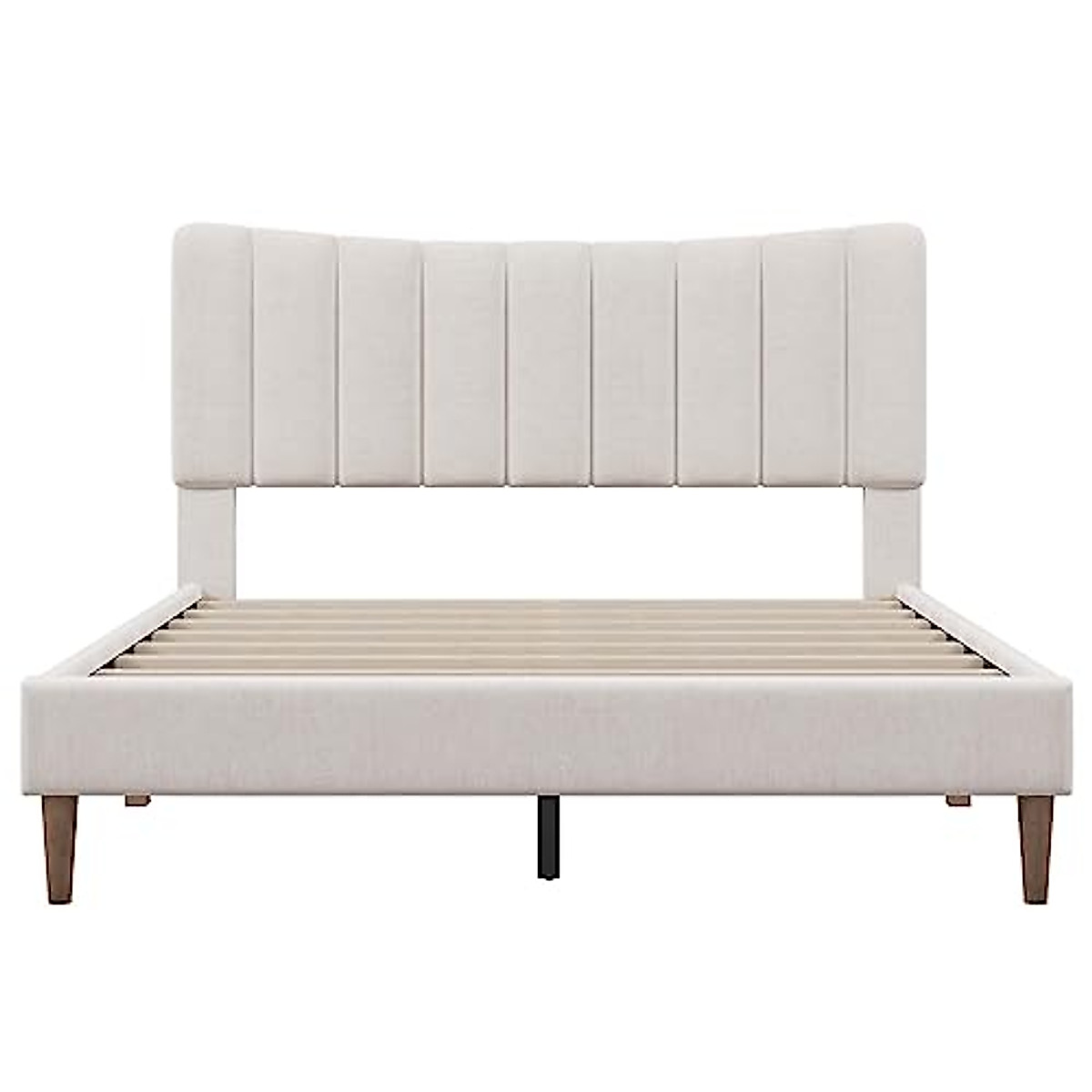 OTRIEK Queen Size Platform Bed, Modern Upholstered Platform Bed, Solid Wood Bed Frame with Vertical Channel Tufted Headboard, No Box Spring Needed for Boys Girls Bedroom (Cream)