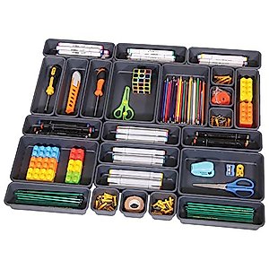 Set of 24 Interlocking Desk Drawer Organizer Tray Dividers Plastic Shallow Narrow Drawers Organizers Separators Storage Bins Container for Kitchen Bathroom Makeup Office Vanity Bedroom Dresser