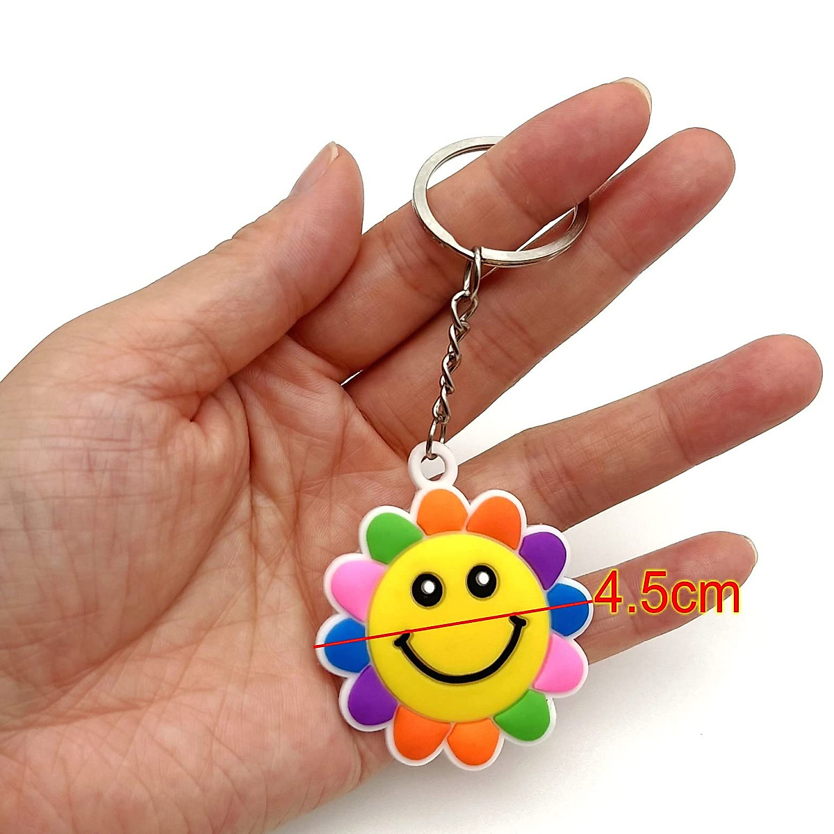 JZK 30 Pcs Rainbow keyrings set for kids, rubber smile face keychains for children birthday party favours, kids party bag fillers thankyou gift