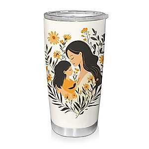FOCIUZTA 20oz Adorable Floral Yellow Mother and Child Pattern Tumbler with lid, Travel Coffee Cup, Ideal for Easter, Mother Day, and birthday gifts