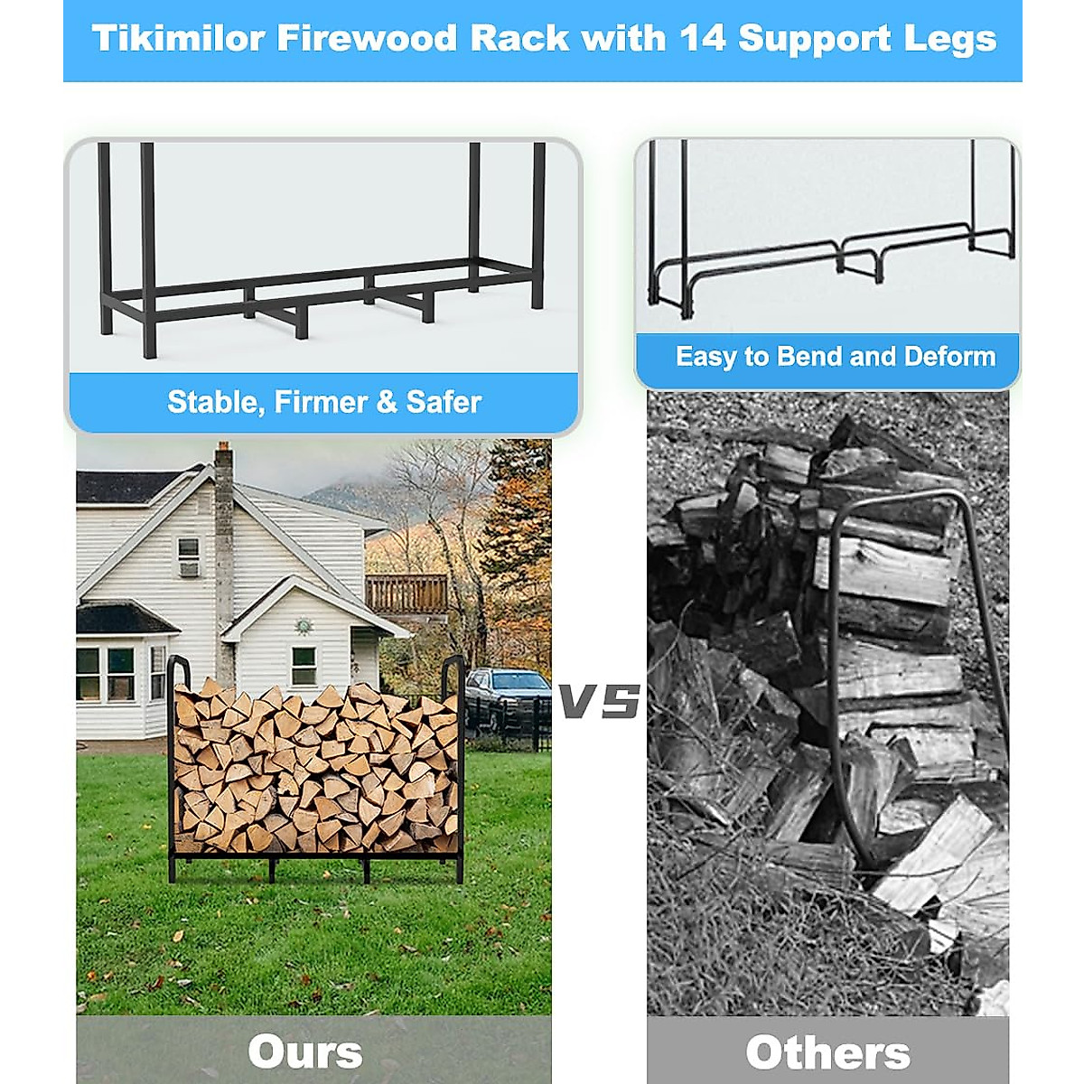 Tikimilor 4ft Firewood Rack Holder, Adjustable Heavy Duty Fire Log Stacker Stand for Fireplace, Outdoor Indoor Metal Wood Pile Storage Organizer, Patio Logs Stand tool, Black