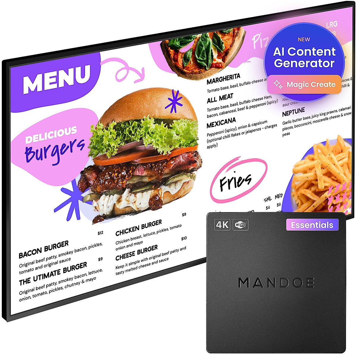 Mandoe Essentials Digital Signage Displays - Digital Signage Player for Digital Menu Board. World-Class Templates. Subscription required. Monitor not included.