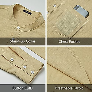 Enlision Beige Casual Henley Shirts for Men Summer Beach Long Sleeve Cotton Linen Hippie Shirt Hawaiian Tropical Button Down Yoga Top Shirt Khaki