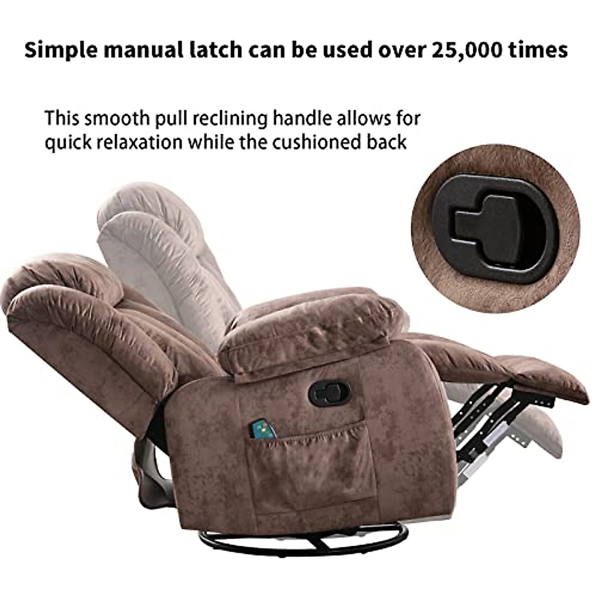 CANMOV Massage Rocker Recliner with Heat and Vibration, 360 Degree Swivel Manual Antiskid Fabric Single Sofa Heavy Duty Reclining Chair for Living Room, Dark Brown