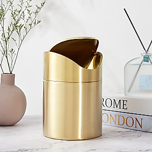 Chemlliy Stainless Steel Trash Can with Swing Lid, Mini Countertop Trash Bin Bathroom, Golden Desktop Garbage Cans Tiny Kitchen Waste Bins with Trash Bag