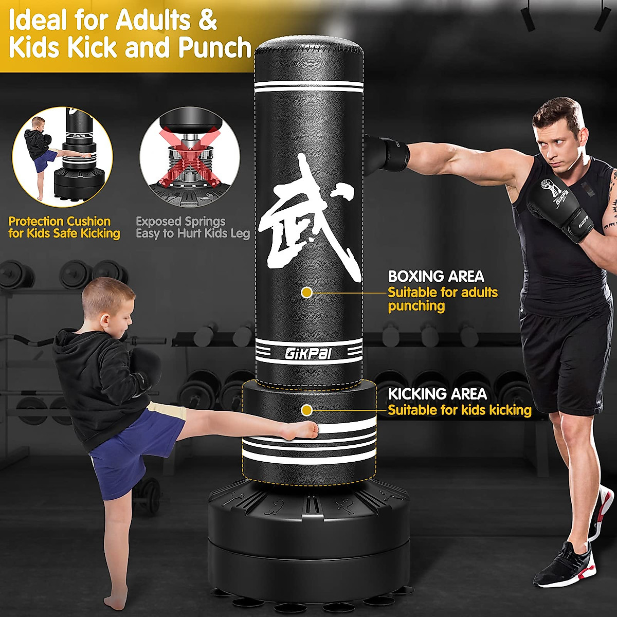 GIKPAL Freestanding Punching Bag 67'' -182lbs Heavy Boxing Bag Free Stand Kickboxing Bag with 2 Hand Warps for Adults Youth Men