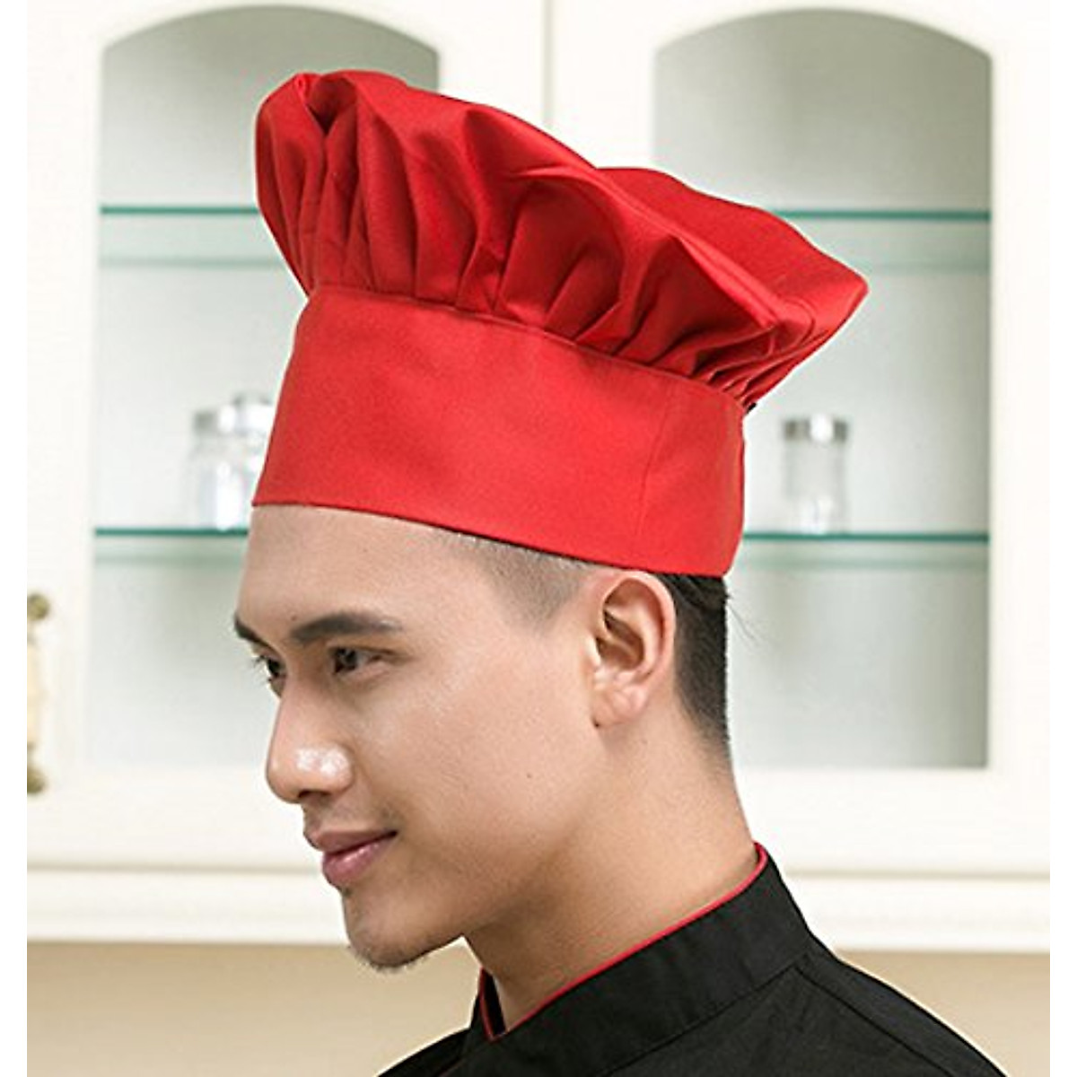 Hyzrz Chef Hat Set of 10 PCS Pack Adult Adjustable Elastic Baker Kitchen Cooking Chef Cap, Red