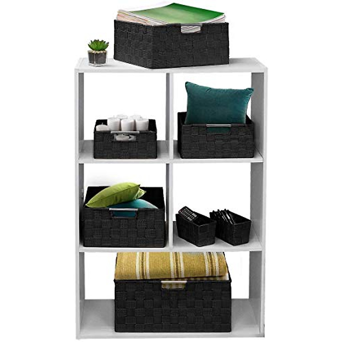 Sorbus Storage Box Woven Basket Bin Container Tote Cube Organizer Set Stackable Storage Basket Woven Strap Shelf Organizer Built-In Carry Handles (7 Piece - Black)