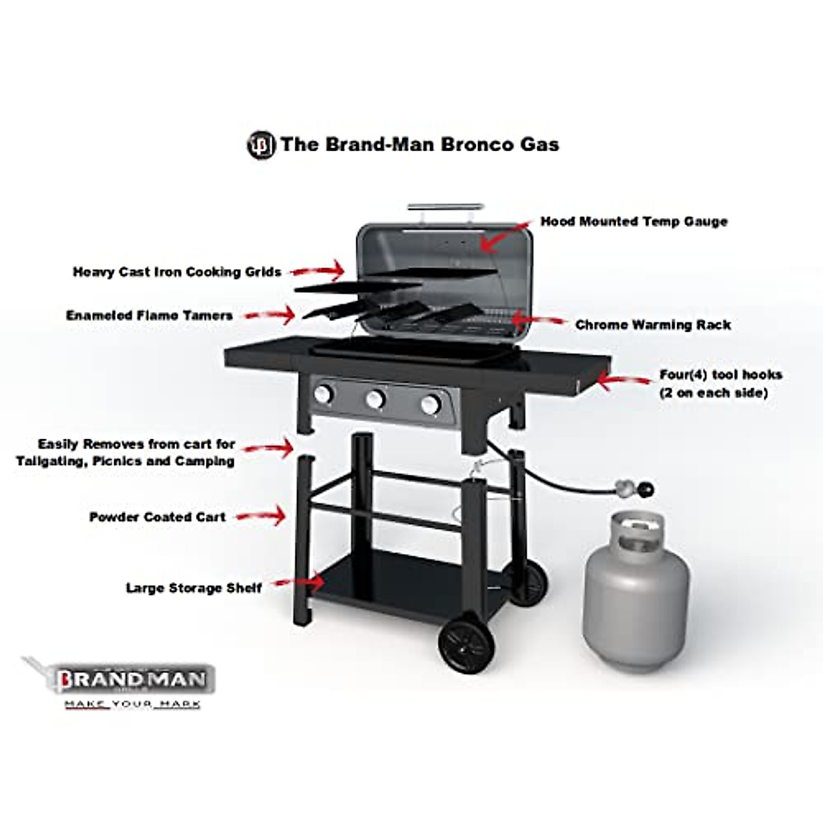 Bronco-3 Burner Propane Gas Grill/Portable by Brand-Man Grills