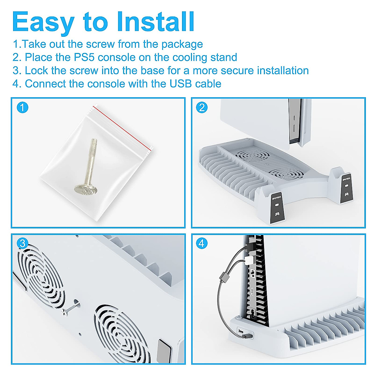 PS5 Vertical Stand Cooling Fan for PS5 Console and Playstation 5 Digital Edition, PS5 Accessories Stand with Dual Controller Charging Station, 2-in-1 Cable and 15 Game Storager