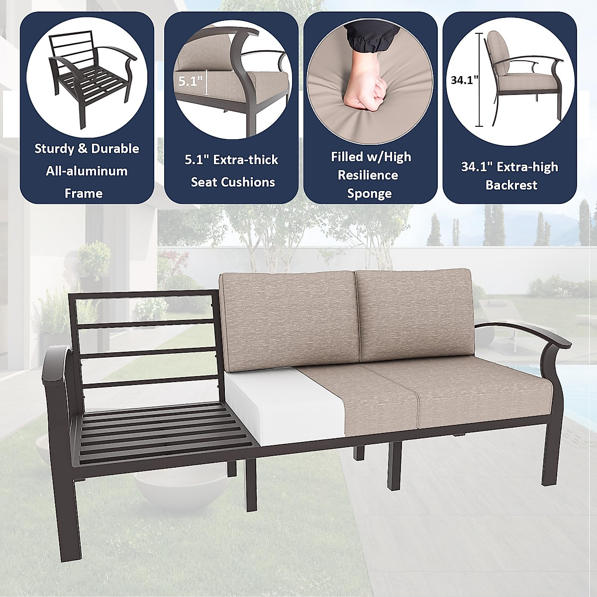 ALAULM Aluminum Patio Furniture Set with Propane Fire Pit Table Metal Outdoor Furniture w/Fire Pit Patio Conversation Sets w/5.1" Cushions and 7 Seats for Patio,Backyard,Poolside-Khaki