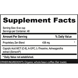 Brain Bean Zen-Blend Coffee | With Caprylic Acid MCT (C-8), A-GPC, L-Theanine, and Ashwagandha extract | Organic Whole Bean Medium Roast 16 Oz