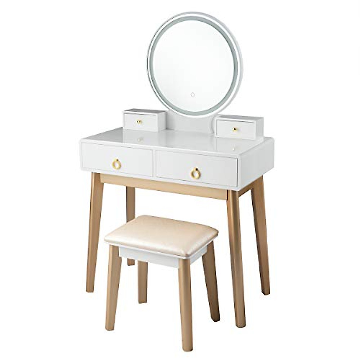 CHARMAID Vanity Set with Touch Screen Dimming Mirror, 3 Color Lighting Modes, Dressing Table with 4 Sliding Drawers, Modern Bedroom Makeup Table and Cushioned Stool Set for Women Girls (White)