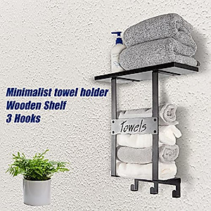 Lzziib Metal Towel Holder for Bathroom Wall with 3 Hooks and Wooden Shelf - Matte Black Towel Racks for Bathroom, Bathroom Shelf with Towel Hooks - Towel Storage for Bathroom Wall Decor