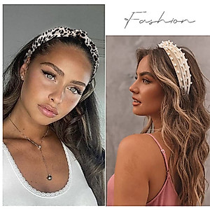 WOVOWOVO Headbands for Women Girls Thick Turban Velvet Knotted Headband Wide Pearl, Top Knot Head Bands for Women’s Hair Band, 6Pcs