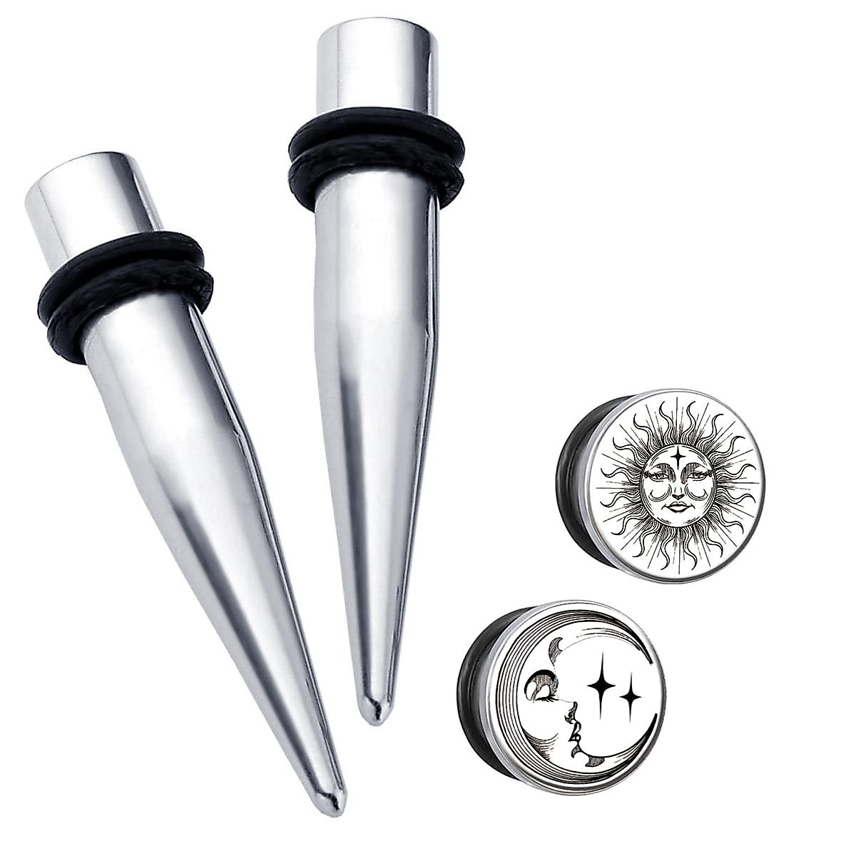 HEKEUOR 1G/7MM,9MM 316L Steel Tapers + Sun and Moon Tunnels Plugs Ear Gauges Piercing Single Flared Tunnels with O Rings