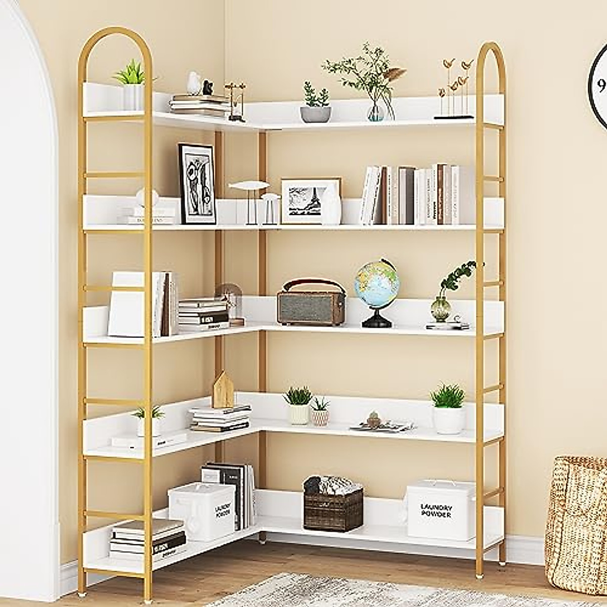 5-Tier Gold Bookcase, L-Shape Corner Bookshelf White & Gold, Modern Display Shelf Book Shelves with Adjustable Foot, Freestanding Storage Shelves for Home Office Use