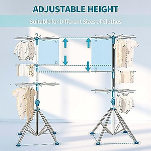 JAUREE Clothes Drying Rack Folding Indoor, Foldable Towel Drying Rack, Portable Drying Rack Clothing and Height-Adjustable, Space Saving Laundry Drying Rack, with 20 Clips