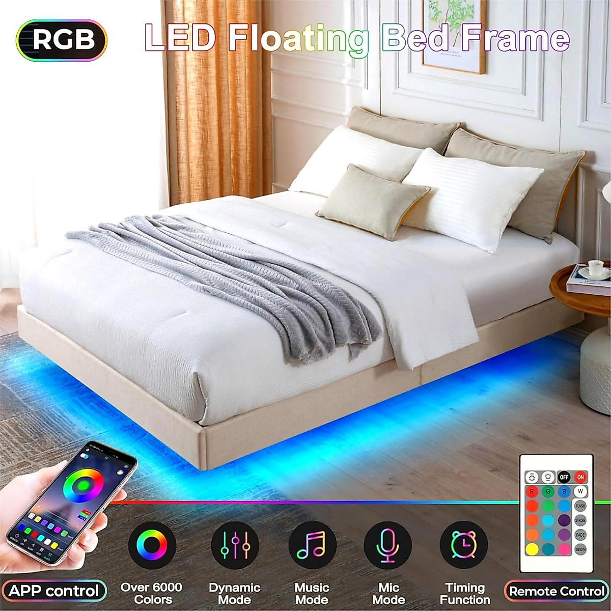 GAZHOME Full Bed Frame with LED Lights, Modern Upholstered Platform Bed Frame no Headboard, Full Size Led Bed,No Box Spring Needed, Easy to Assemble,Antique White