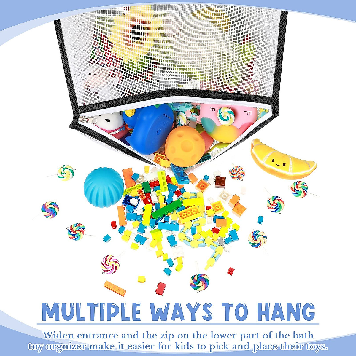 Shappy 2 Pieces Bath Toy Organizer Baby Bathtub Extra Large Opening Toys Mesh Multiple Ways to Hang Holder Bottom Zipper Storage Bag with 4 Adhesive Hooks (Gray)