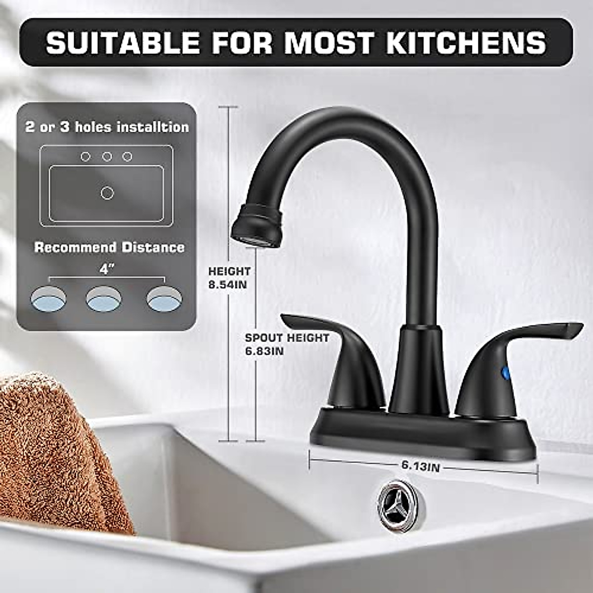 Bathroom Faucets, Faucet for Bathroom Sink 4 Inch 2 Handle Centerset, Bathroom Sink Faucet 3 Hole, Lead-Free, Matte Black Faucets for Bath Vanity Fixtures (Not Include Hot & Cold Water Lines)