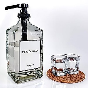 eBun® 37oz Mouthwash Pump Dispenser Black - Bathroom Hand Soap Dispenser Set Glass, Dish Soap Dispenser for Kitchen Sink, Bathroom Essential, Holder Decanter with Cup, Kids Mouthwash Pump Bottle