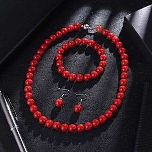 LUREME Fashion Style Pearl Elastic Necklace Bracelet Dangle Earring Set-Red(09000649-7)