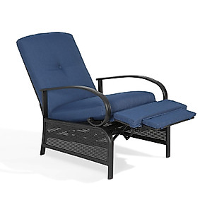 PATIO TREE Adjustable Outdoor Reclining Lounge Chair Patio Recliner Chair with Strong Extendable Metal Frame and Removable Cushions for Outdoor Reading or Relaxation (Navy)