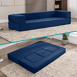 BALUS Folding Bed Couch, Sleeper Foam Sofa Bed, Cushioned Foam Mattress Comfortable Sofa, Floor Couch Sleeper Sofa Foam with 3 Ottomans for Living Room/Bedroom/Guest Room/Home Office (Blue)