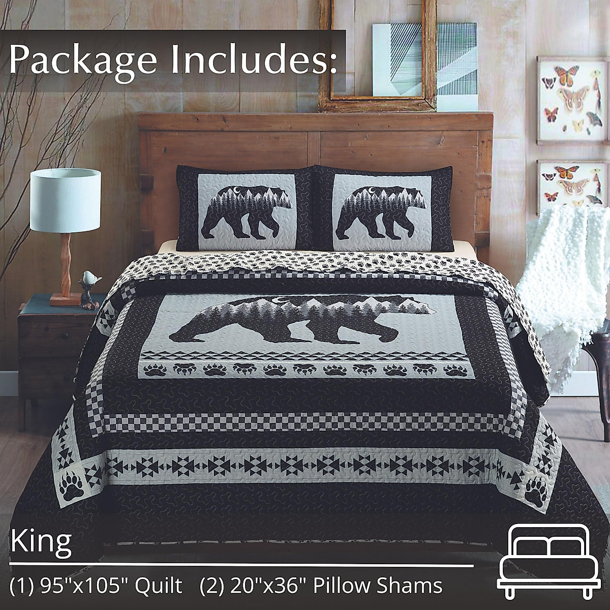 Virah Bella 3 Piece King Lodge Quilt Bedding Set - Moon Bear - Rustic Cabin Country Reversible Camping Comforter Set with Decorative Pillow Shams, Black/White