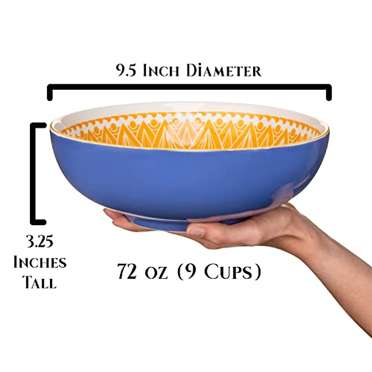 Annovero Serving Bowls, Set of 3 Large Porcelain Dishes for Entertaining, Big Bowl, Large Bowls for Eating, for Soup, Salad, Pasta, Parties, Fruit, Chips, 9.5 Inch Diameter, 72 Fluid Ounce Capacity