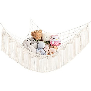 Mkono Stuffed Animal Hammock Macrame Toy Storage Organizer with Lights and Tassels Boho Hanging Stuff Animals Net Large Capability Corner Toys Display Holder for Nursery Kid Room Playroom, 1 piece