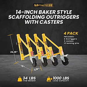 MetalTech 4 Pack Scaffold Outriggers, Baker Style Scaffolding Accessory Wheels, 14 Inch