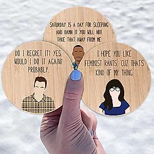 New Girl Bamboo Wood Coasters Set of 6, Funny Novelty Coasters for Drinks Absorbent with Holder