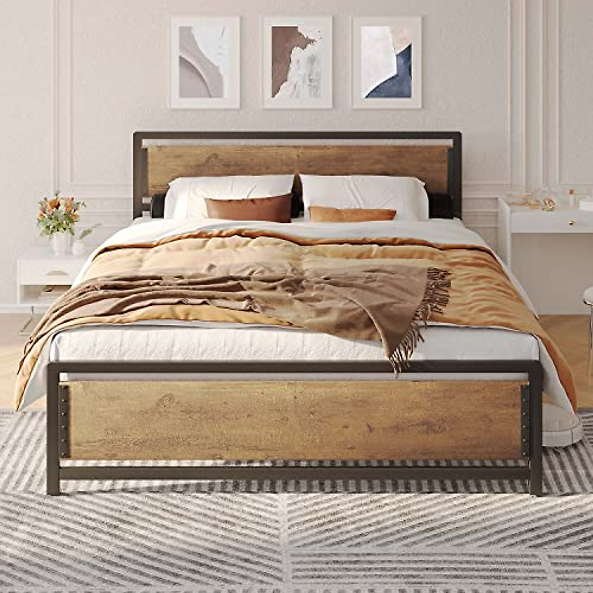Gizoon 11'' Full Bed Frame W/Large Under-Bed Storage, Metal Platform Bed W/Industrial Headboard W/Rivet, Sturdy Iron Slat, No Noise, Easy Assembly, Mattress Foundation, No Box Spring Needed, Retro