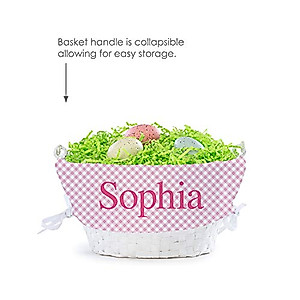 Personalized Easter Egg Basket with Handle and Custom Name | Pink Gingham Easter Basket Liners | White Basket | Woven Easter Baskets for Kids and Adults | Customized Easter Basket | Gift for Easter