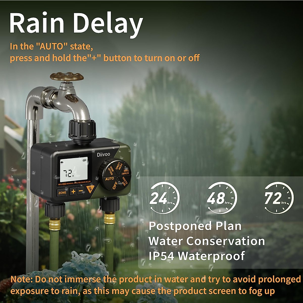 Diivoo Sprinkler Timer 2 Zone, Programmable Water Hose Timer 2 Outlet for Garden, Automatic Irrigation Timer IP54 with Rain Delay/Manual/Auto Mode, Outdoor Hose Timer Controller for Lawn, Yard, Pool