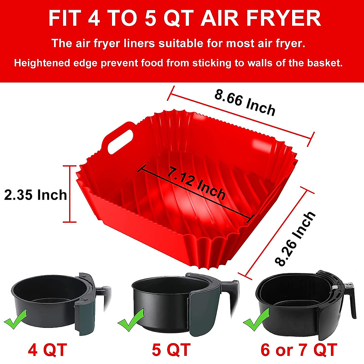 QURAR 2 Pack Air Fryer Silicone Liners | Top 8in, Bottom 7in | Silicone Liners Pot for 4 to 7 QT, Reusable Square Food Safe Silicone Basket Replacement of Flammable Parchment Paper, (Red & Pink)