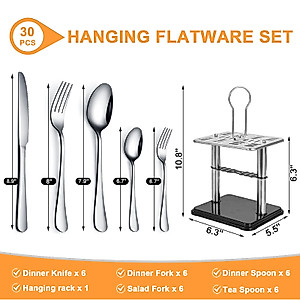 KLUSIET 30 Pcs Stainless Steel Silverware Set with Stand, Hanging Flatware Set Service for 6, Eating Tableware Set Include Main Knife, Main Fork, Main Spoon, Small Fork, Small Spoon(Silver)