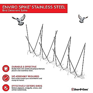 Bird B Gone - Pre-Assembled EnviroSpike Stainless Steel Anti Bird Spikes (10') - UV-Stabilized Polycarbonate Base - Humane Deterrent - Stops Pigeons & Birds from Roosting On Rooftops, Ledges, Fences