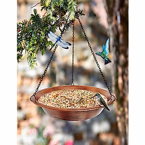 Keygift Hanging Bird Bath for Outdoor, Antique Copper Metal Bird Feeder Birdbath Bowl with 17” Rust-Proof Black Chains for Garden Backyard Decor